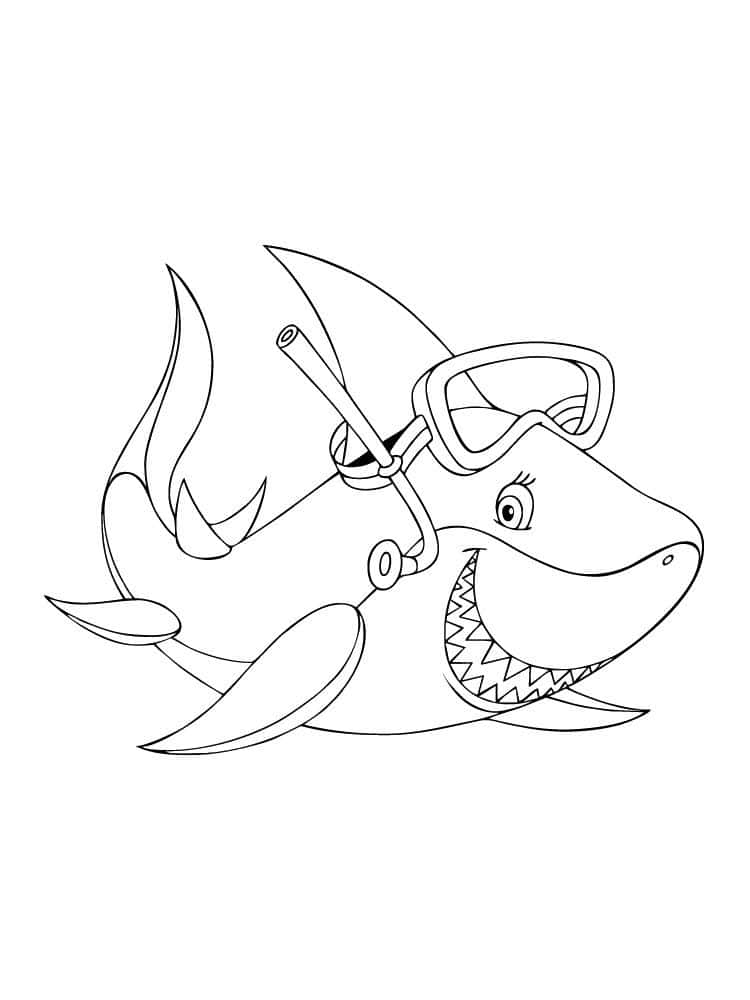 Shark with diving accessories coloring page