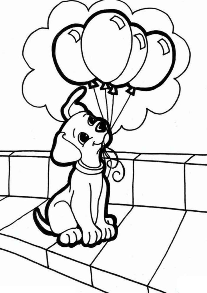 Dog holding balloons coloring page