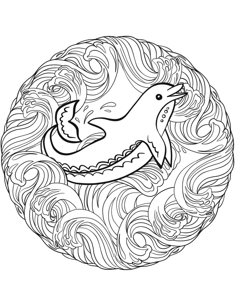 Mandala with a sweet dolphin and waves coloring page