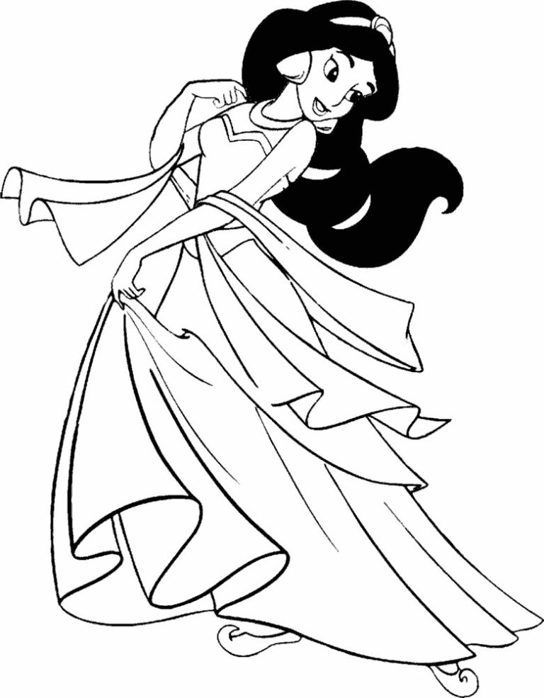 Amazing Princess Jasmine in the evening dress coloring page